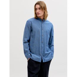 Jack & Jones JACK & JONES Herren Langarmhemd "JJESUMMER LINEN BLEND BAND SHIRT L/S SN", blau, Gr. M, unifarben, Web, Obermaterial: 70% Baumwolle, 30% Leinen,