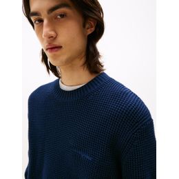 Tommy Jeans Herren Strickpullover "TJM SCRIPT CHUNKY", blau, Gr. S, unifarben, Grobstrick, Obermaterial: 100% Baumwolle, Pullover, Regular Fit,