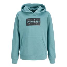 Jack & Jones Kinder Kapuzensweatshirt "JJCOLE PRINT SWEAT HOOD JNR"mineral blau, Gr. 152, JACK & JONES JUNIOR, bedruckt, unifarben mit Farbeinsatz, angeraute