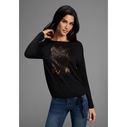 Laura Scott Damen Longsleeve, schwarz, Gr. 48, bedruckt, unifarben, Jersey, Obermaterial: 95% Viskose, 5% Elasthan, Shirts, mit grafischem