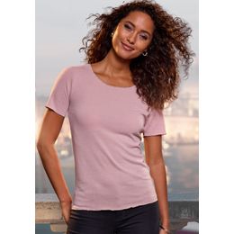 Lascana Damen Rundhalsshirt "mit feiner Glitzereinfassung", rosa, Gr. 32, Glanzfaden, unifarben, Feinstrick, Obermaterial: 62% Polyester (REPREVE),