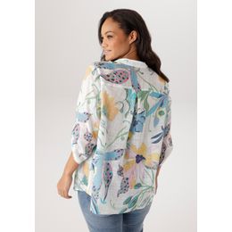 ANISTON PLUS Damen Schlupfbluse, bunt, Gr. 52, bedruckt, gebl&uuml;mt, gemustert, Web, Obermaterial: 100% Baumwolle, Blusen, im Leinen-Look