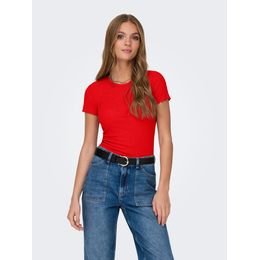 Rundhalsshirt Only "ONLEMMA S/S SHORT TOP NOOS JRS", Damen, Gr. XS, flame scarlet, Jersey, Obermaterial: 65% Polyester, 30% Viskose, 5% Elasthan, unifarben, regular fit kurz, Rundhals, gewellter Abschluss, Shirts Rundhalsshirt, Rundhals, modisch, regular fit, gewellter Abschluss, unifarben