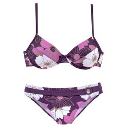 Lascana Damen B&uuml;gel-Bikini, lila, Gr. 50, floral, Polyamid, Bikini-Sets, florales Design, Bikini-Hose mit Vordermieder, Hose mit Zierg&uuml;rtel