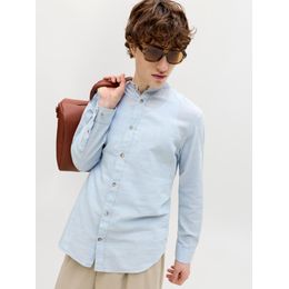 Jack & Jones JACK & JONES Herren Langarmhemd "JJESUMMER LINEN BLEND BAND SHIRT L/S SN", blau, Gr. S, unifarben, Web, Obermaterial: 70% Baumwolle, 30% Leinen,