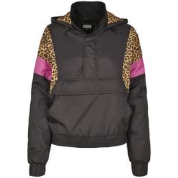 Langmantel Urban Classics "Urban Classics Damen Ladies AOP Mixed Pull Over Jacket", Damen, Gr. M, schwarz, leo, 100% Polyamid, M&auml;ntel