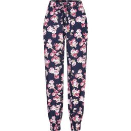 Stoffhose CLOUD 5IVE "CLOUD 5IVE Viskose Hose mit B&uuml;ndchen 2-Pockets & Blumen Print", Damen, Gr. L, US-Gr&ouml;&szlig;en, navy, 100% Viskose, gebl&uuml;mt, relaxed fit, Hosen Stoffhose