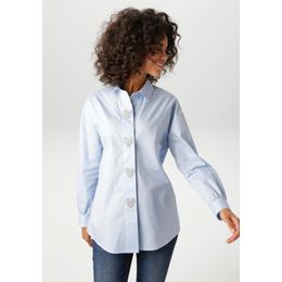 Aniston CASUAL Damen Hemdblusehellblau, Gr. 38, Glitzermuster, unifarben, Web, Obermaterial: 100% Baumwolle, Blusen, mit Glitzerherzen verziert