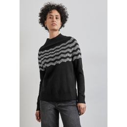 Street One Damen Strickpullover, schwarz, Gr. 34, gestreift, Web, 37% Baumwolle, 34% Polyacryl, 26% Polyester, 3% Elasthan, Pullover, mit Stehkragen