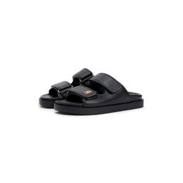 Tommy Hilfiger Damen Pantolette "DOUBLE STRAP LEATHER SANDAL", Gr. 39schwarz, Leder, Schuhe, Plateau, Sommerschuh, Schlupfschuh mit zwei