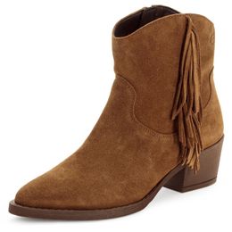 Tamaris Damen Westernstiefelette, Gr. 36, braun, Veloursleder, unifarben, Schuhe, Blockabsatz, Boots, Cowboystiefelette mit modischen Fransen