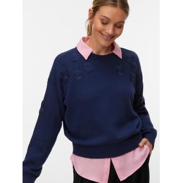 V&eacute;ro Moda Strickpullover VERO MODA "VMDAISY EMB LS O-NECK PULLOVER BOO", Damen, Gr. XL, navy blazer, Strick, Obermaterial: 60% Baumwolle, 40% Polyester, unifarben, regular fit normal, Rundhals, Pullover Strickpullover, mit zartem Blumenmuster