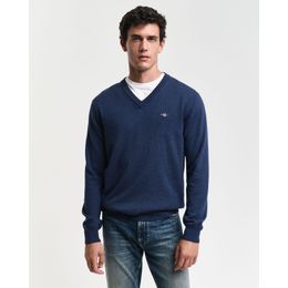 Gant Herren V-Ausschnitt-Pullover "COTTON/WOOL", blau, Gr. XXL, Strick, Obermaterial: 70% Baumwolle, 30% Wolle, Pullover, normale Passform,