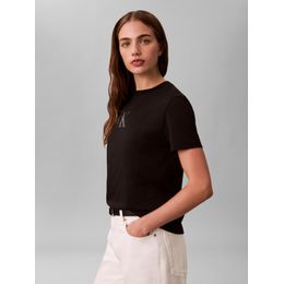 Damen T-Shirt, schwarz, Gr. XS, Calvin Klein Jeans, unifarben, Single Jersey, Obermaterial: 100% Baumwolle, Shirts, Regular Fit, gl&auml;nzender