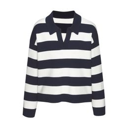 Lascana Damen Polokragenpullover, blau, Gr. 36, gestreift, Strick, Obermaterial: 72% Viskose, 28% Polyester, Pullover, mit Blockstreifen,