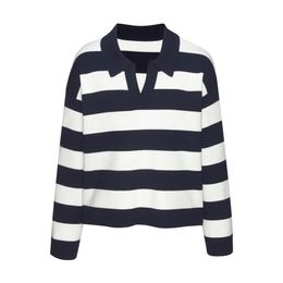 Lascana Damen Polokragenpullover, blau, Gr. 44, gestreift, Strick, Obermaterial: 72% Viskose, 28% Polyester, Pullover, mit Blockstreifen,