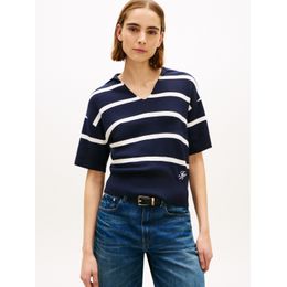 Strickpullover Tommy Hilfiger "CO FULL NEEDLE POLO SS SWT", Damen, Gr. XS (34), big stp schwarz night, ivory petal, Strick, Obermaterial: 100% Baumwolle, gestreift, regular fit normal, V-Ausschnitt, Pullover Strickpullover, mit V-Ausschnitt