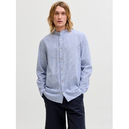 Jack & Jones JACK & JONES Herren Langarmhemd "JJESUMMER LINEN BLEND BAND SHIRT L/S SN", blau, Gr. M, gestreift, Web, Obermaterial: 70% Baumwolle, 30% Leinen,