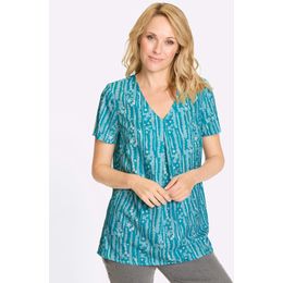 Kurzarmbluse Classic Basics, Damen, Gr. 38, t&uuml;rkis, ecru, bedruckt, 100% Polyester, gebl&uuml;mt, gemustert, mehrfarbig, V-Ausschnitt, Blusen