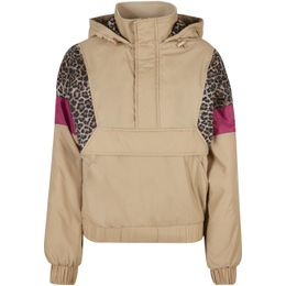 Urban Classics Damen Langmantel "Urban Classics Damen Ladies AOP Mixed Pull Over Jacket"unionbeige, schwarzleo, with, Gr. XS, 100% Polyamid, M&auml;ntel