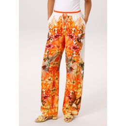 Aniston CASUAL Damen Schlupfhose, orange, Gr. 38, bedruckt, Web, Obermaterial: 100% Viskose, Hosen, mit tropischen V&ouml;geln, Bl&uuml;ten und Bl&auml;ttern