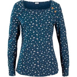 bonprix Damen Langarmshirt "Langarmshirt, bedruckt", blau, Gr. 48, bedruckt, Web, Obermaterial: 100% Baumwolle, Shirts, lockere Passform, mit