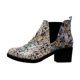 DOGO Damen Stiefelette "Eve Boots Frida-Kahlo-with-Blue-Flowers", Gr. 38beige, Lederimitat, Schuhe, Handgefertigt