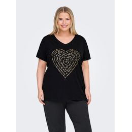 Only CARMAKOMA Damen Kurzarmshirt "CARLYDIA LIFE SS V-NECK REG TEE JRS"schwarz print:heart, Gr. S, bedruckt, Jersey, Obermaterial: 100% Baumwolle,
