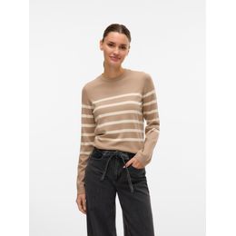 V&eacute;ro Moda VERO MODA Damen Rundhalspullover "VMSABA PLAIN LS O-NECK PULLOVER GA NOOS", beige, Gr. M, gestreift, Strick, Obermaterial: 50% Viskose, 28%