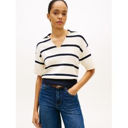 Strickpullover Tommy Hilfiger "CO FULL NEEDLE POLO SS SWT", Damen, Gr. L (42/44), big stp calico, schwarz n navy, Strick, Obermaterial: 100% Baumwolle, gestreift, regular fit normal, V-Ausschnitt, Pullover Strickpullover, mit V-Ausschnitt