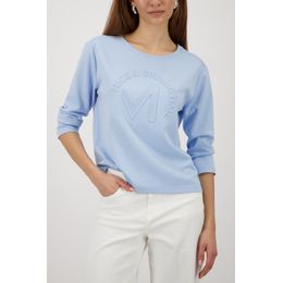 Sweatshirt monari, Damen, Gr. 42, light sky, Sweatware, Obermaterial: 55% Polyester, 38% Viskose, 7% Elasthan, unifarben, regular fit normal, Rundhals, eingesetzt abgesteppte Kante, Sweatshirts Sweatshirt, Rundhalsausschnitt, Pr&auml;gedruck mit Strasssteinen, Regular Fit