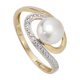 Jobo Damen Perlenring, 52, P1 = bei 10-facher Vergr&ouml;&szlig;erung erkennbare Einschl&uuml;sse, Diamanten Gelbgold 585 Perlen, gelb, Diamanten, Gelbgold 585,