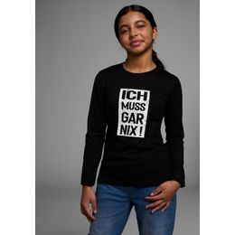 Kidsworld M&auml;dchen Langarmshirt "Ich muss gar nix", schwarz, Gr. 140, bedruckt, Single Jersey, Obermaterial: 100% Baumwolle, Shirts, Langarm,
