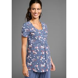 Neun Monate Damen Umstandsshirt "Schwangerschafts- und Stillshirt in Wickeloptik", blau, Gr. 36, bedruckt, gebl&uuml;mt, Jersey, Obermaterial: 95%