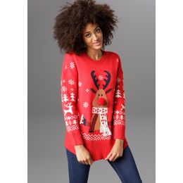 Aniston CASUAL Damen Weihnachtspullover, rot, Gr. 42, Jacquardmuster, gemustert, Strick, Obermaterial: 100% Polyacryl, Pullover, mit Bommel-Nase und
