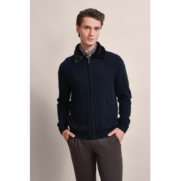 Bugatti Herren Strickjacke, blau, Gr. L, kariert, 80% Wolle, 20% Polyamid, Strickjacken, mit unechtem Fellkragen