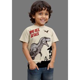 Kidsworld Jungen T-Shirt "Druck: DINO REX ATTACK", beige, Gr. 128, bedruckt, Single Jersey, Obermaterial: 100% Baumwolle, Shirts, mit gro&szlig;em