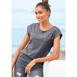 Venice Beach Damen Kurzarmshirt, grau, Gr. 40, unifarben, Jersey, Obermaterial: 100% Baumwolle, Shirts, mit Logoprint vorne, T-Shirt aus Baumwolle,