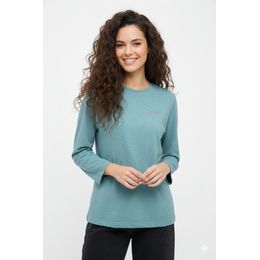 3/4-Arm-Shirt Bench. "ROMILEY", Damen, Gr. 48, abyss, Jersey, Obermaterial: 100% Baumwolle, unifarben, h&uuml;ftlang, Rundhals, Shirts 3/4-Arm-Shirt, tailliertes Basic mit 3/4 Arm und Logoprint im Metallic-Holo Stil