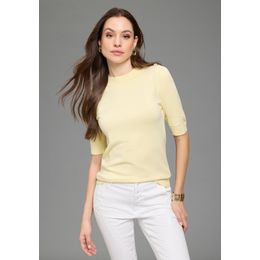 Kurzarmpullover Bruno Banani, Damen, Gr. 36/38, hellgelb, meliert, Feinstrick, Obermaterial: 70% Viskose, 30% Polyamid, unifarben, figurbetont h&uuml;ftlang, hoch geschlossener Ausschnitt, Rippb&uuml;ndchen, Pullover, mit Glitzerkn&ouml;pfen, Trendfarbe - Butter Yellow