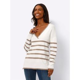 Heine Damen V-Ausschnitt-Pullover "Pullover", beige, Gr. 50, gemustert, gestreift, 70% Viskose, 30% Polyamid, Pullover