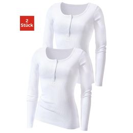 H.I.S. H.I.S Damen Langarmshirt "mit kurzer Knopfleiste", wei&szlig;, Basic, Gr. 44, unifarben, Feinripp;Jersey;Rippware, Obermaterial: 100% Baumwolle, Shirts,