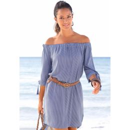 Lascana Damen Strandkleid "mit Carmenausschnitt und 3/4-&Auml;rmeln aus gewebter Viskose, Blusenkleid", blau, Gr. 46, gestreift, Web, Obermaterial: 100%