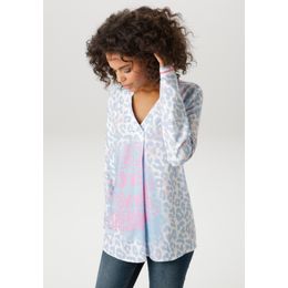 Aniston CASUAL Damen Schlupfbluse, blau, Gr. 48, bedruckt, Web, Obermaterial: 100% Viskose, Blusen, mit Statement-Schriftz&uuml;gen und coolen Leoprint