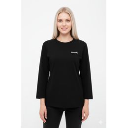 3/4-Arm-Shirt Bench. "ROMILEY", Damen, Gr. 36, schwarz, Jersey, Obermaterial: 100% Baumwolle, unifarben, h&uuml;ftlang, Rundhals, Shirts 3/4-Arm-Shirt, tailliertes Basic mit 3/4 Arm und Logoprint im Metallic-Holo Stil