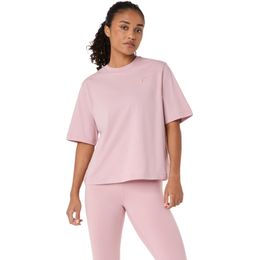 Trainingsshirt asics "asics SPIRAL EMBROIDERY RELAXED TEE", Damen, Gr. M, morganite, Obermaterial: 60% Baumwolle, 40% Polyester, Shirts, lockere Passform, sportlicher Stil, aus strapazierf&auml;higem Polyester