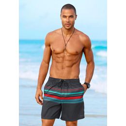 Bench. Herren Badeshorts, schwarz, Gr. M, gestreift, Microfaser, Polyester, Badehosen, mit kontrastfarbenen Streifen