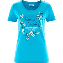 bonprix Damen T-Shirt "Baumwoll Shirt, Kurzarm", blau, Gr. 52, Obermaterial: 100% Baumwolle, Shirts, leicht taillierte Passform, Kurzarm-Design,