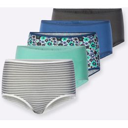 Taillenslip, Damen, Gr. 40, 5 Stk., 2x bedruckt, jeansblau, blaugr&uuml;n, graphit, 95% Baumwolle, 5% Elasthan, Unterhosen Taillenslip