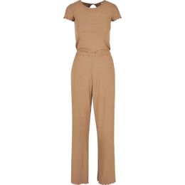 Jumpsuit Urban Classics "Urban Classics Damen Ladies Rib Wid Leg Jumpsuit", Damen, Gr. XS, US-Gr&ouml;&szlig;en, schwarztaupe, 95% Polyester, 5% Elasthan, unifarben, loose fit, Rundhals, Overalls Jumpsuit